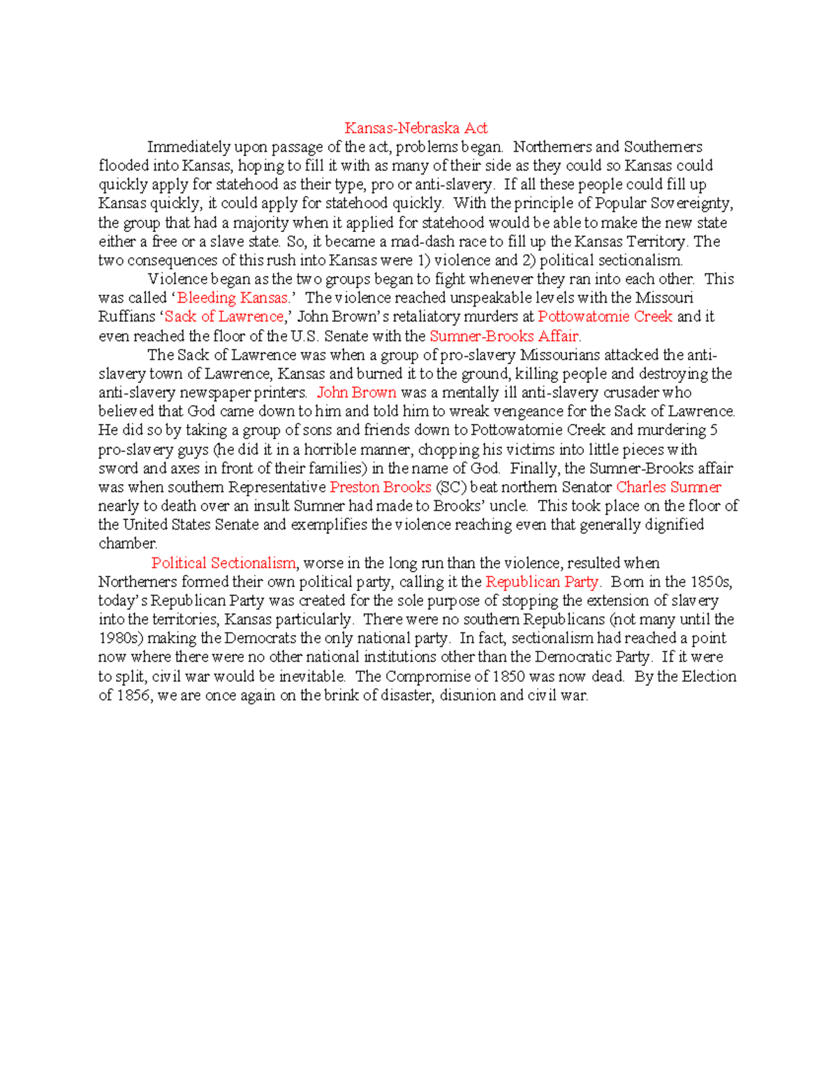 Kansas-Nebraska Act Impact: Violence and Political Sectionalism ...