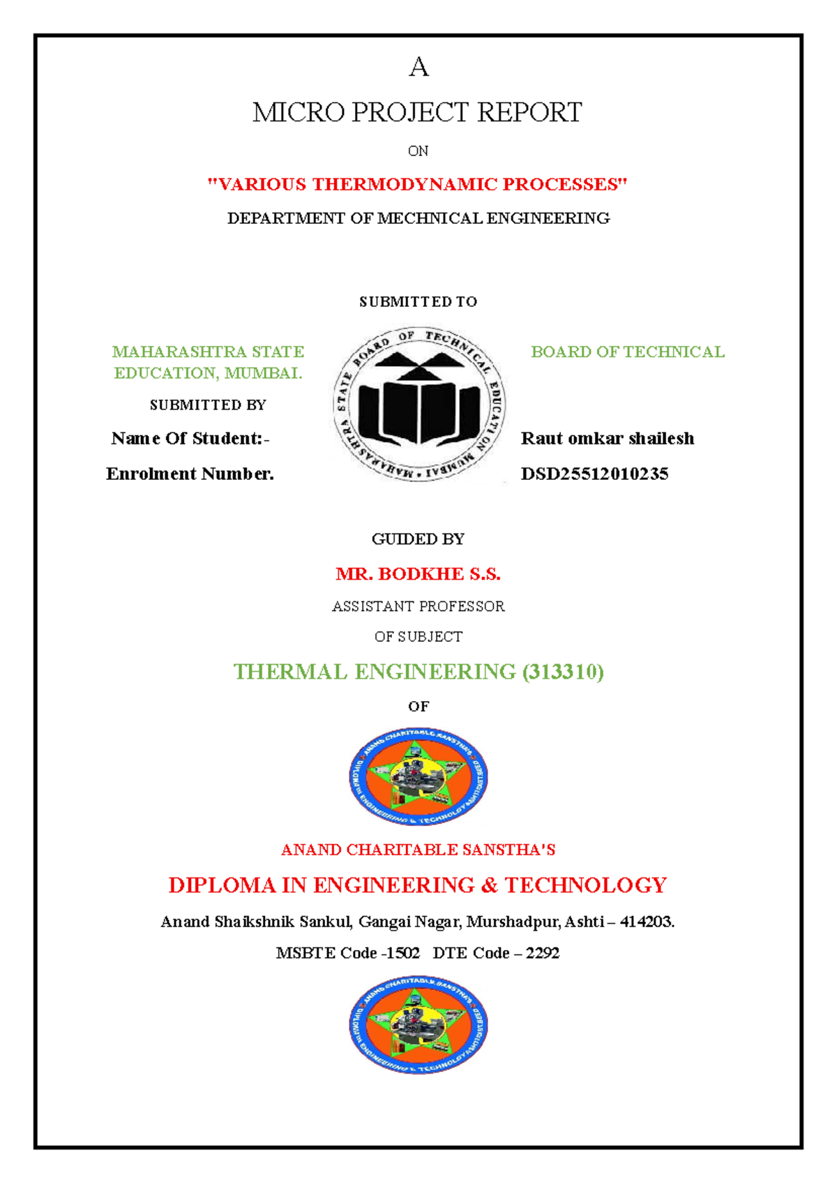 Micro Project Report on Thermodynamics - Mechanical Engg (313310) - Studocu