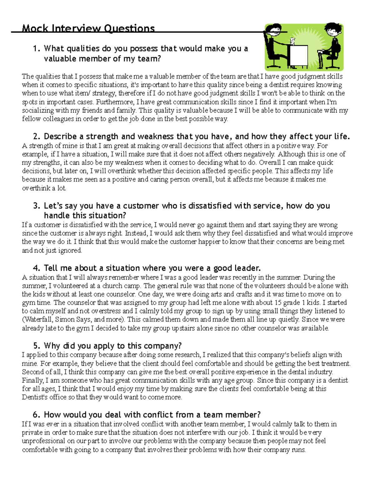 Mock Interview Questions & Rubric for Dental Professionals - Studocu