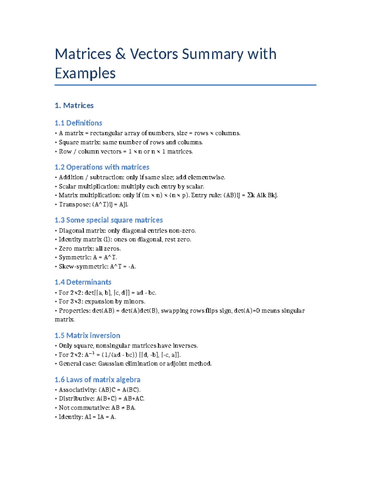 Matrices & Vectors Summary: Key Concepts & Examples - Studocu
