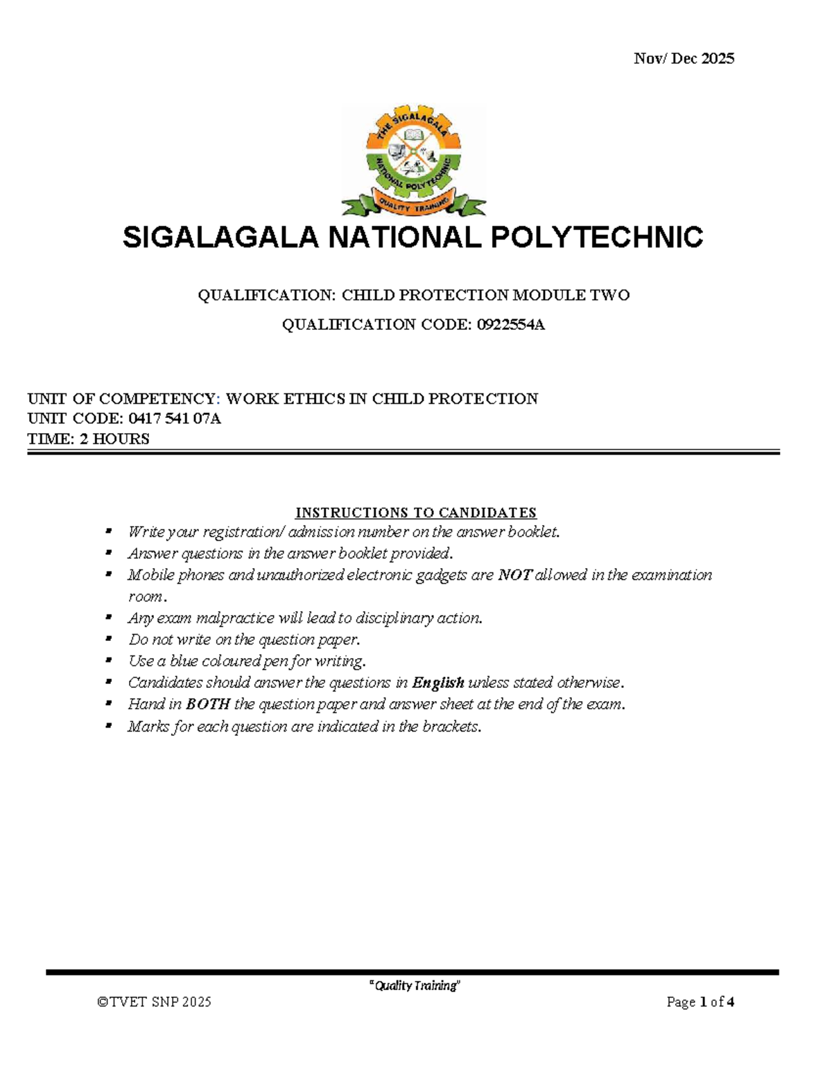 Child Protection Module 2 Assessment: Work Ethics (Code: 0922554A ...