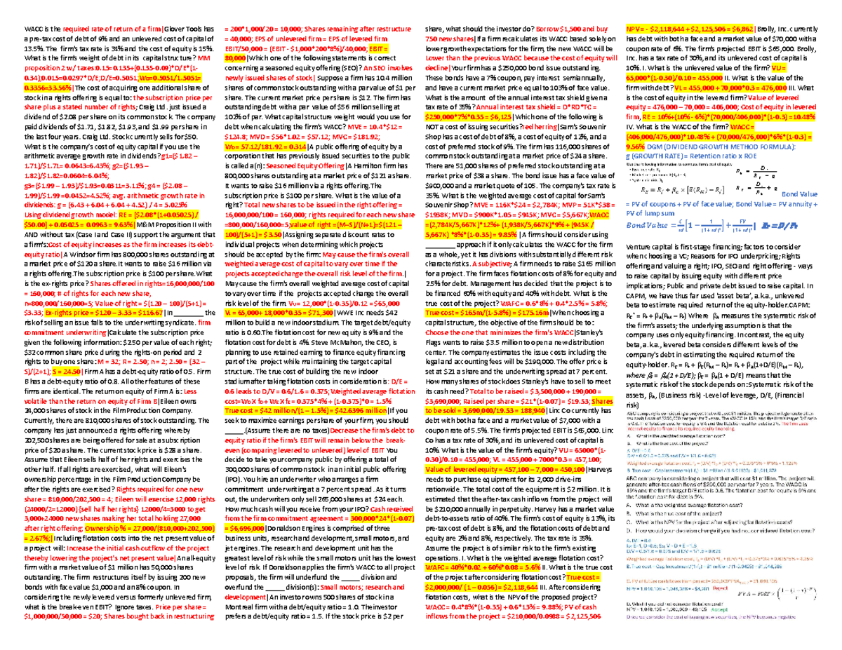 2FB3 Cheat Sheet - yes - WACC is the required rate of return of a firm ...