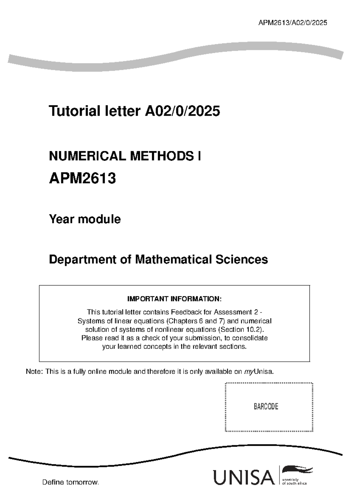 APM2613 Numerical Methods I Feedback for Assessment 2 - Studocu