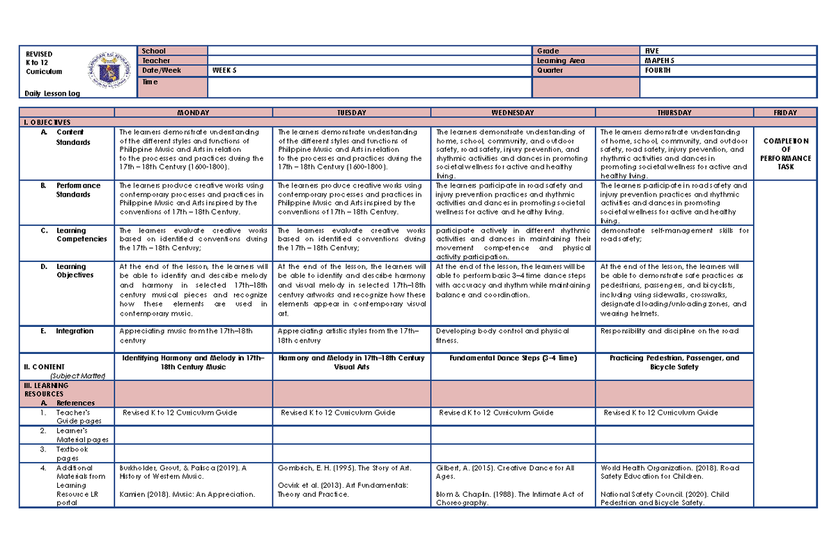 MAPEH 5 Daily Lesson Log: Week 5 - Fourth Quarter Activities - Studocu