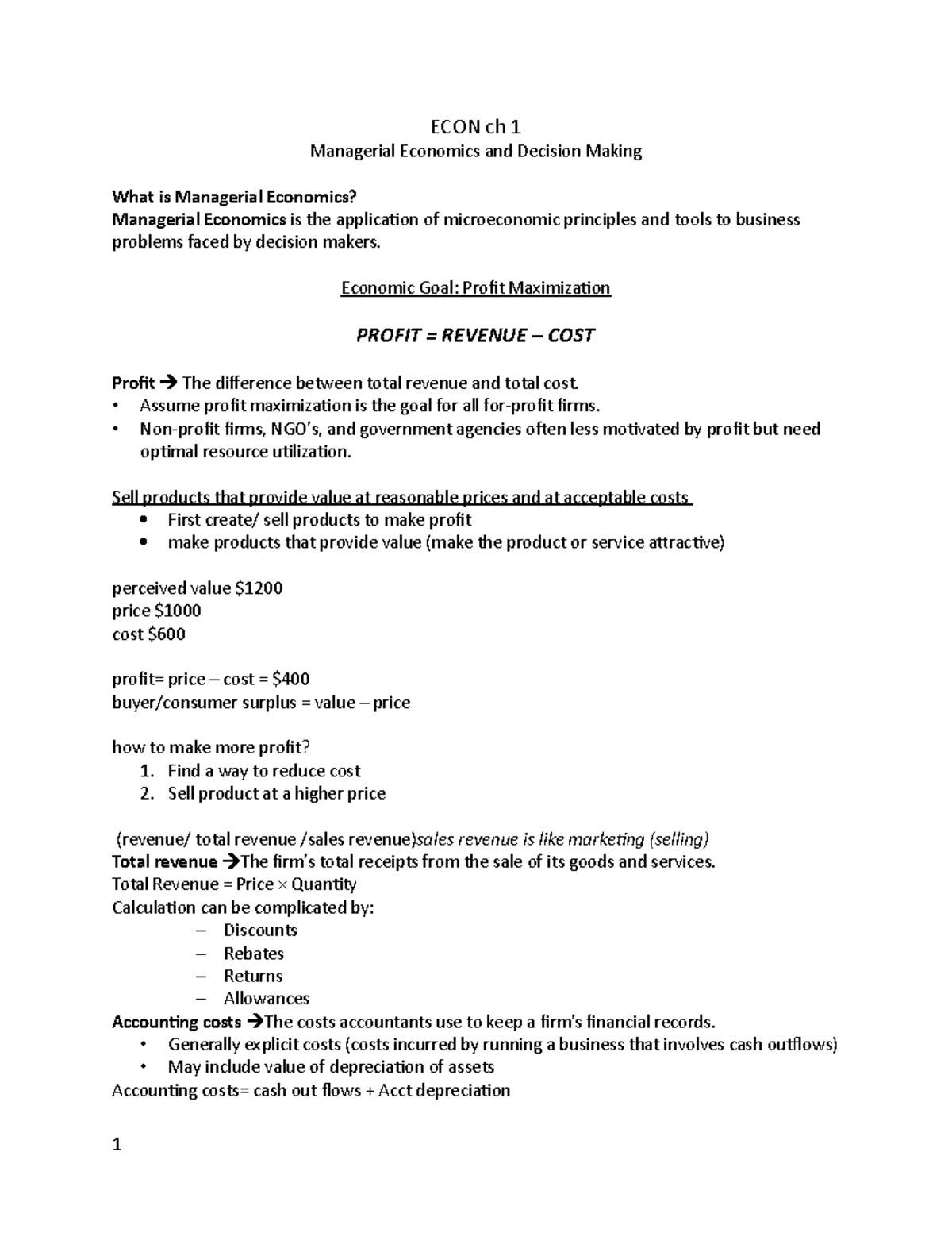 ECON 402 Test 1 Study Notes: Managerial Economics & Profit Concepts ...