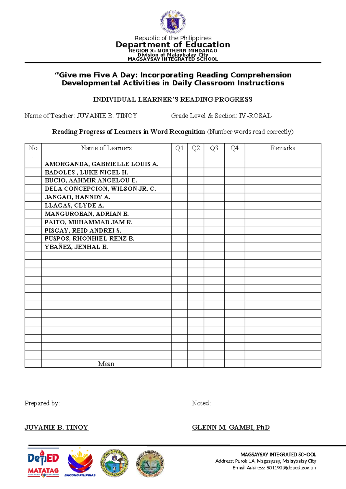 Five A Day: Reading Progress Report for Grade Level ROSAL - Studocu