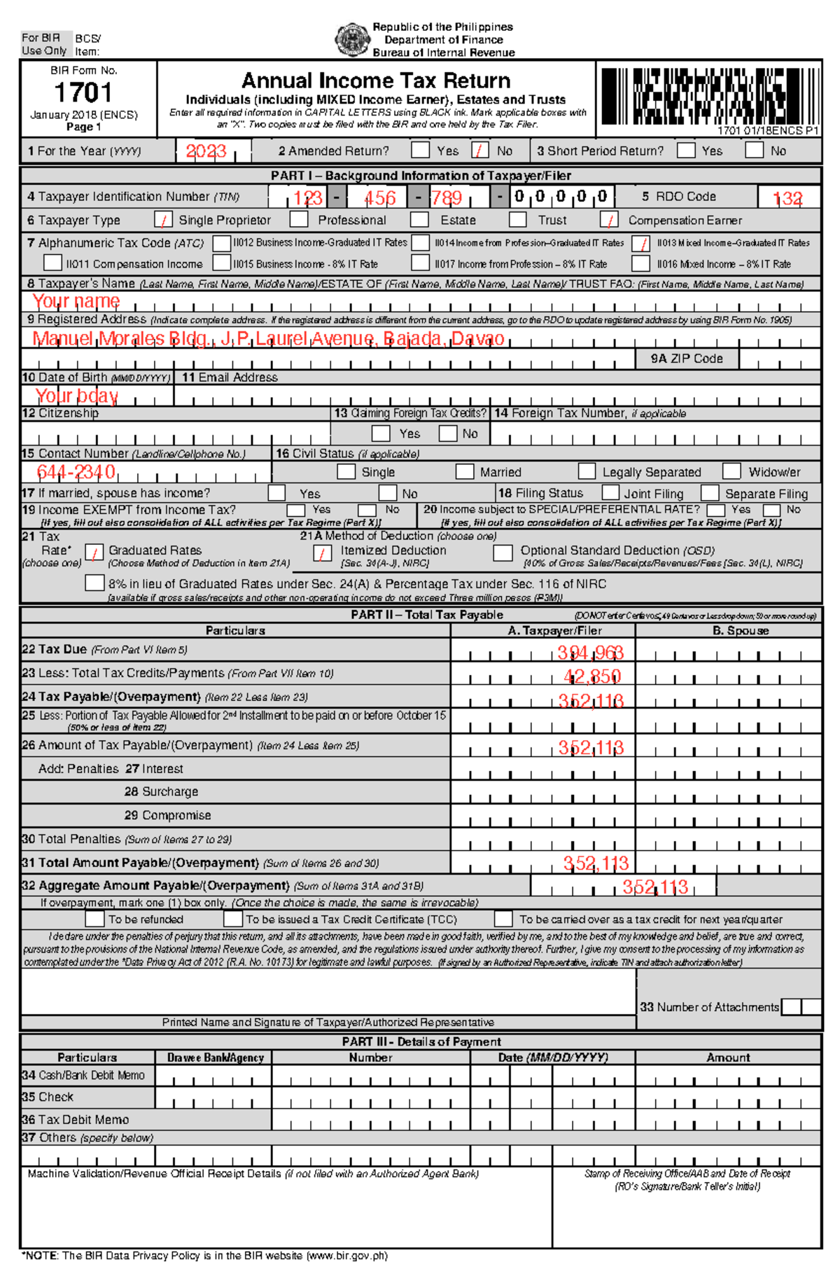 BIR Form No. 1701 Annual Income Tax Return (Individuals) - January 2018 ...