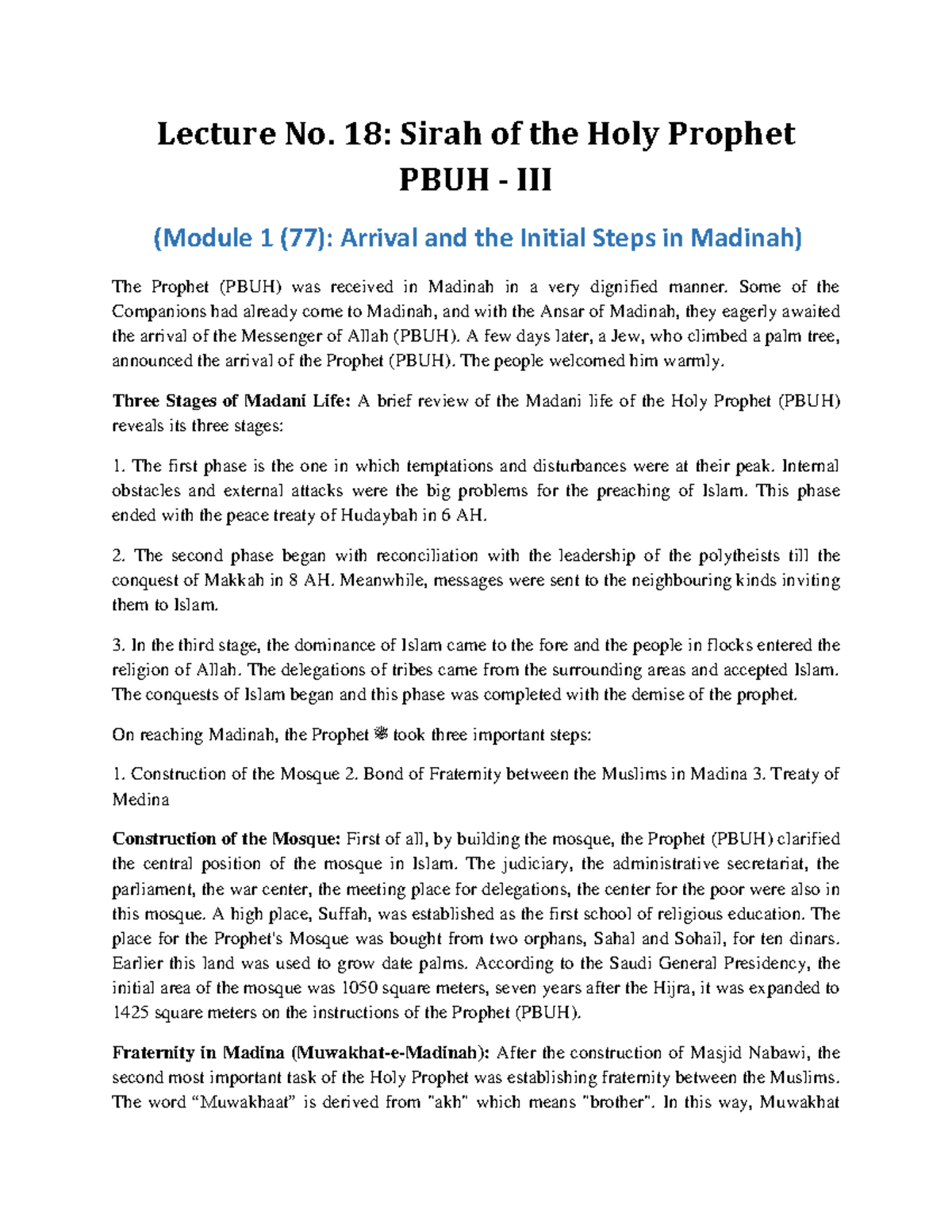 Lecture 18: Sirah of the Holy Prophet PBUH - Stages in Madinah (ISL202 ...