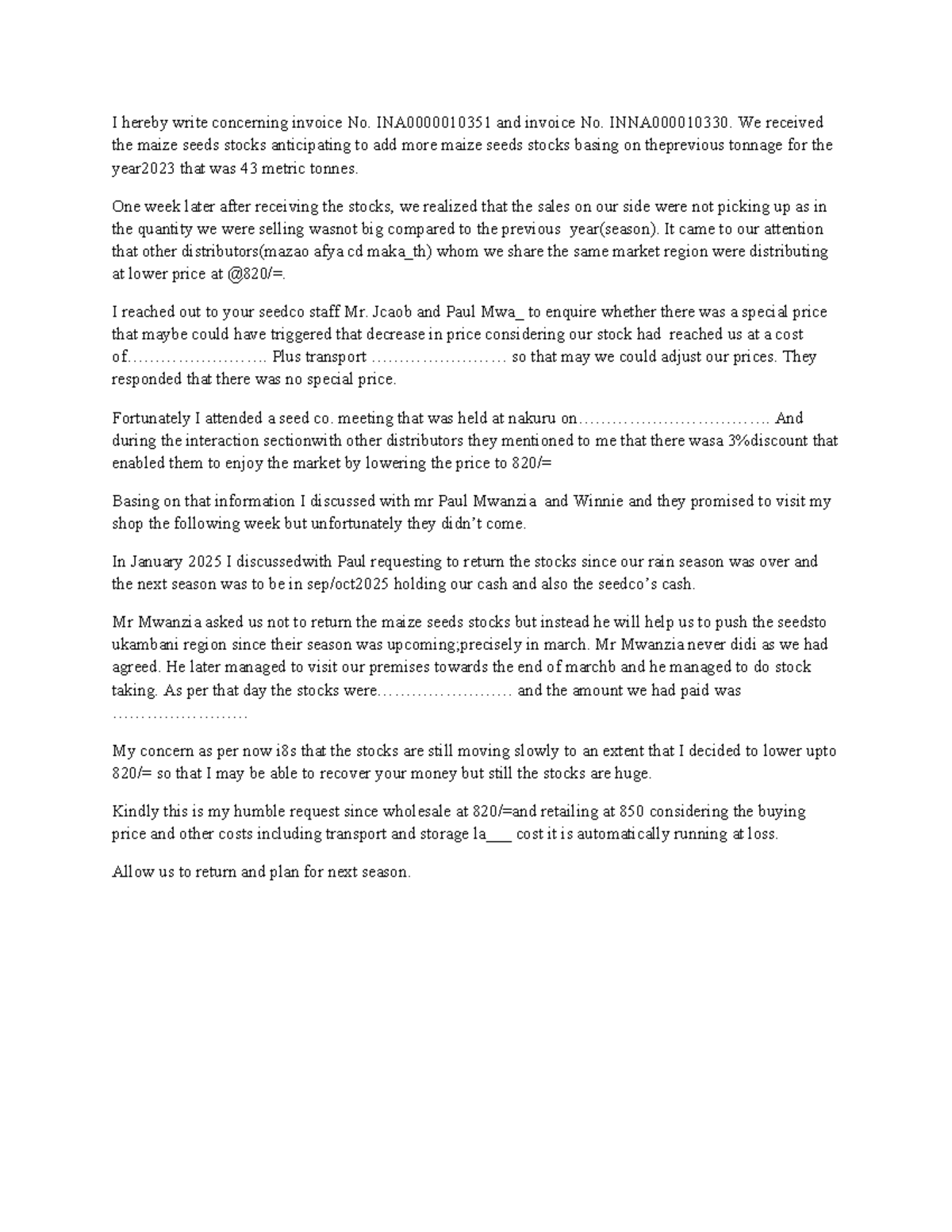 Request to Return Maize Seed Stocks - Invoice No. - Studocu