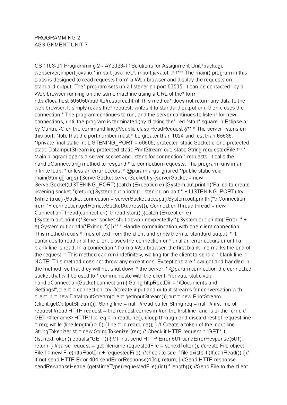 CS 1103-01 Programming 2 Assignment Unit 7 Detailed Solutions - Studocu