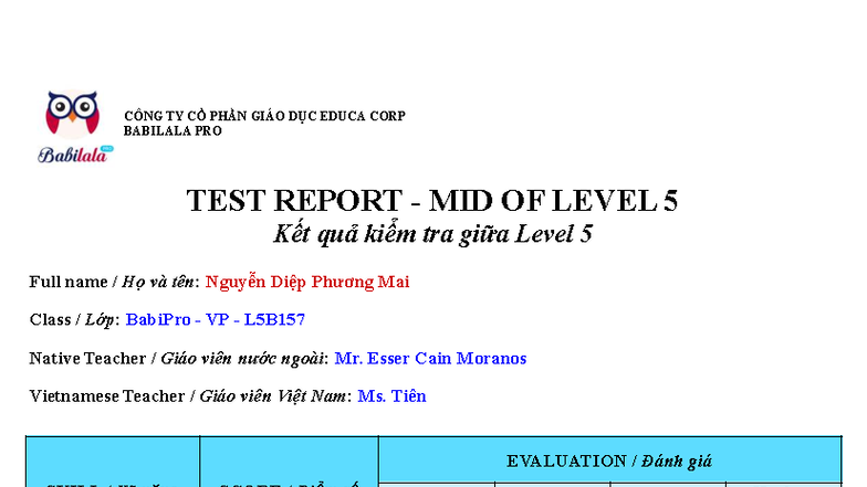 BabiPro VP L5B157 - Mid-Level 5 Test Report for Nguyễn Diệp Phương Mai ...