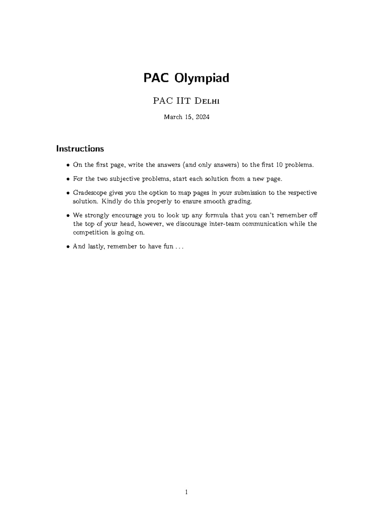 PAC IIT Delhi Olympiad - Problem Set g3e - Studocu