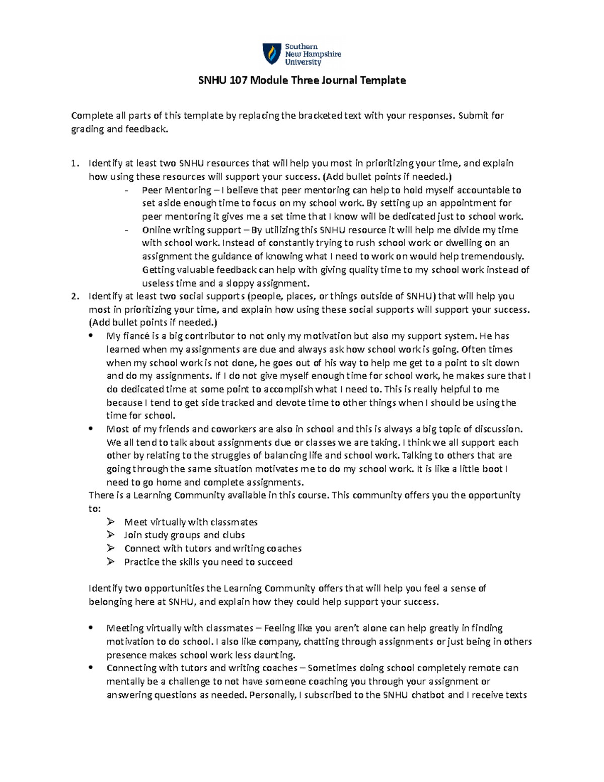 SNHU 107 Module Three Journal: Time Management & Support Strategies ...