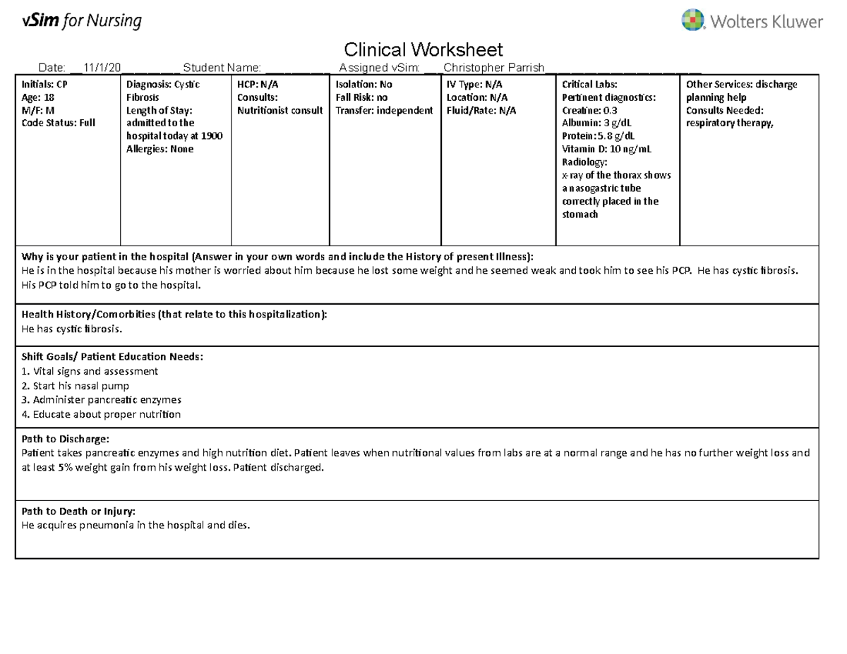 Clinical Worksheet Christopher Parrish - Clinical Worksheet Date ...