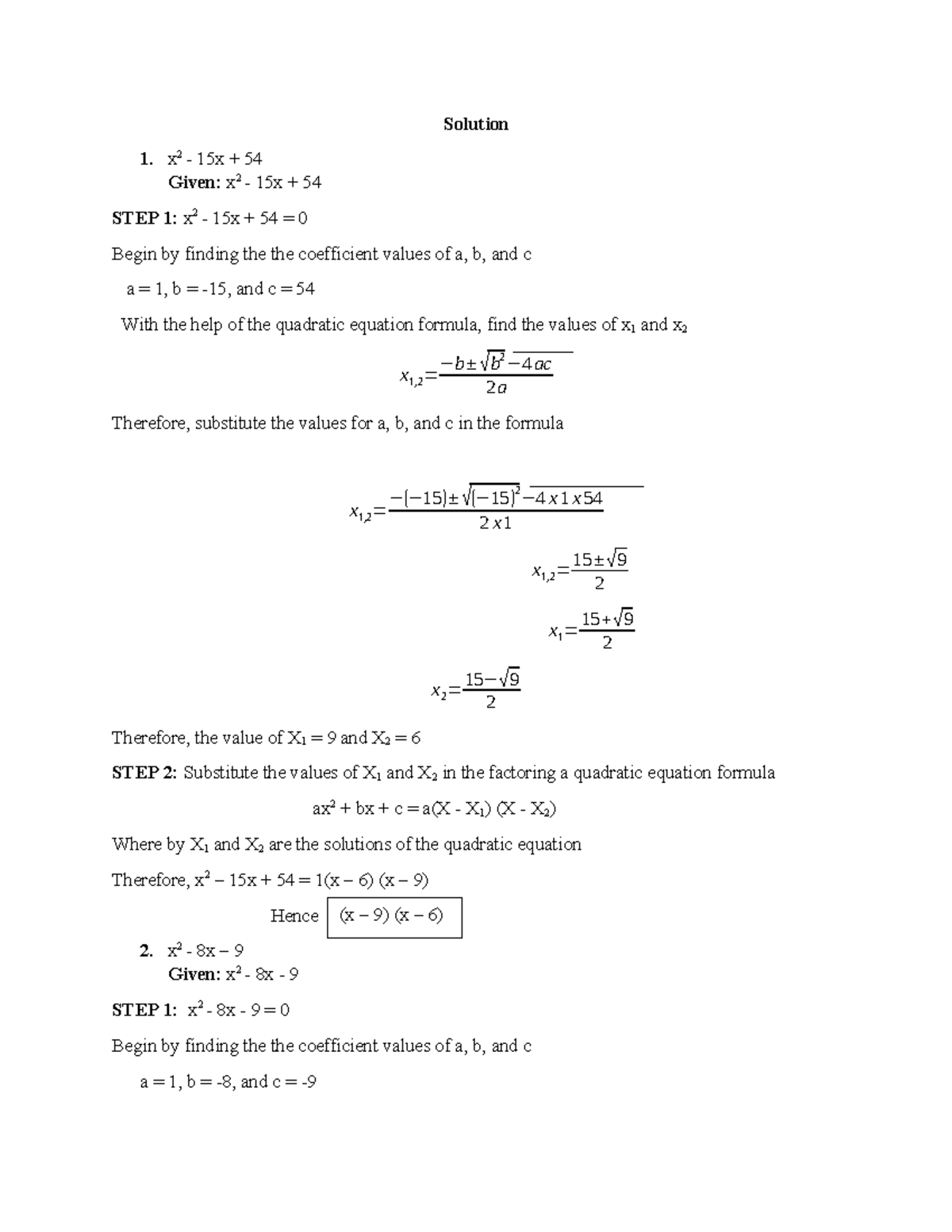 Factoring Quadratic Equations: Solutions & Steps (MATH 101) - Studocu