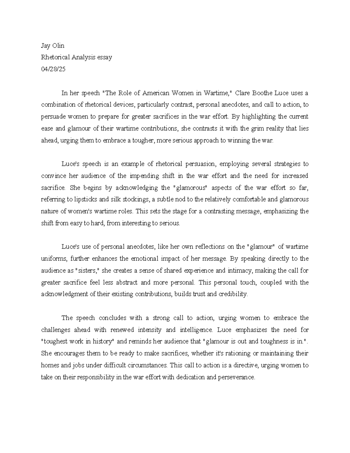 Rhetorical Analysis Essay: Role of American Women in War Effort - Studocu