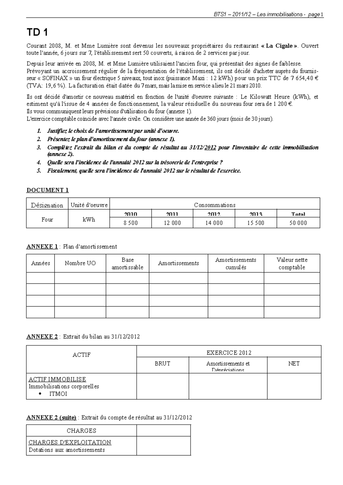 BTS1 Les immobilisations - TD 1 & 2 Analyse et Comptabilité 2008-2012 ...