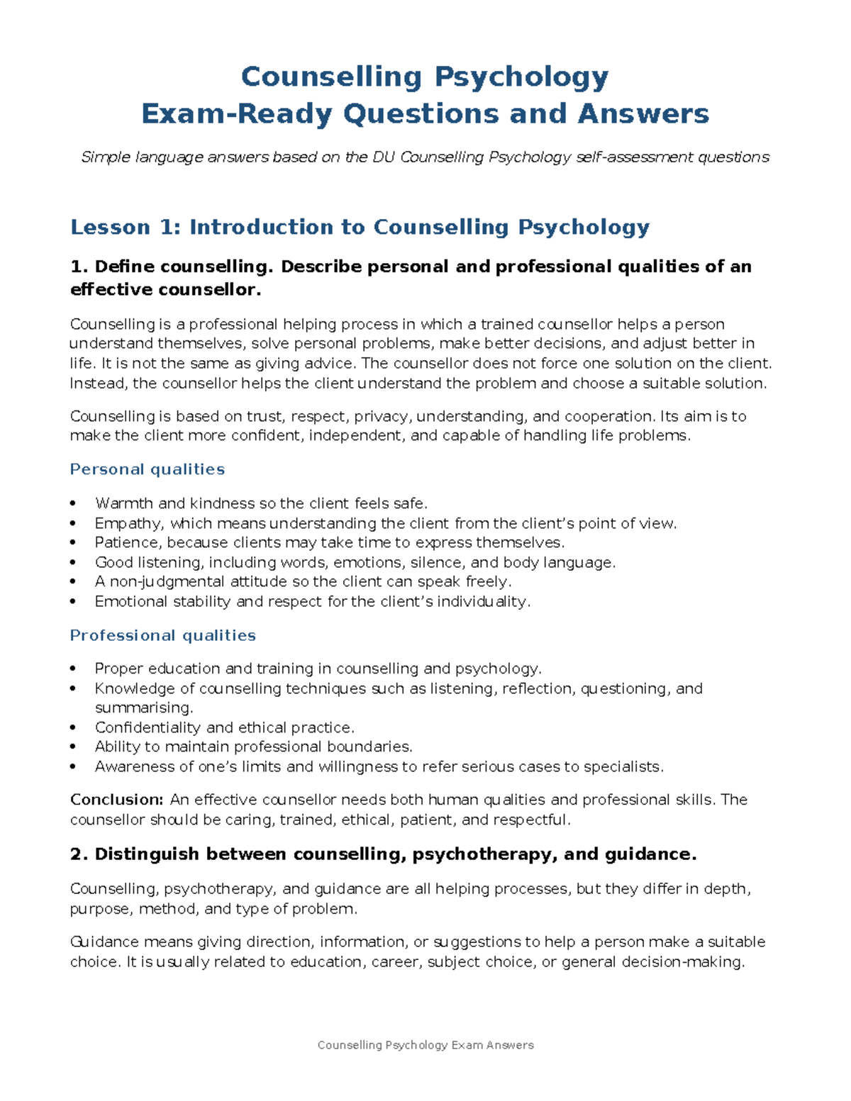 Counselling Psychology Exam Answers: Key Concepts and Insights - Studocu