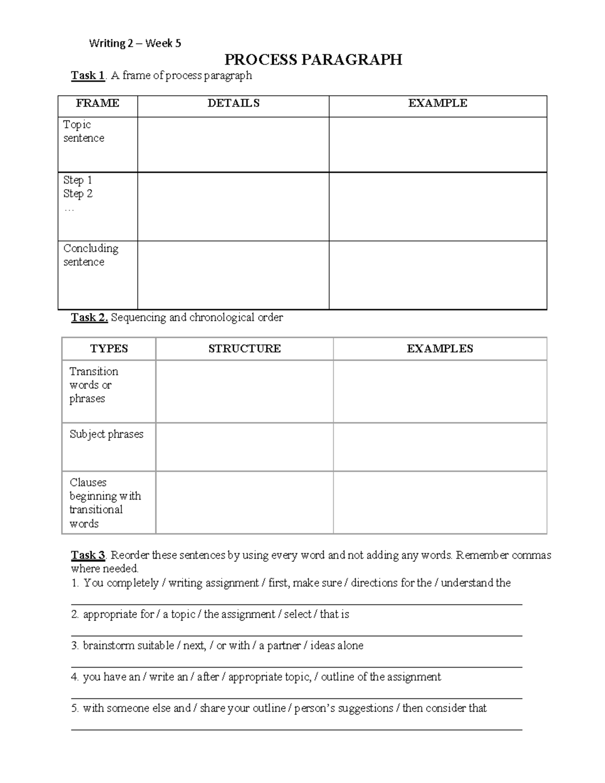 Week 5 - handouts for teaching process analysis paragraph - Writing 2 ...