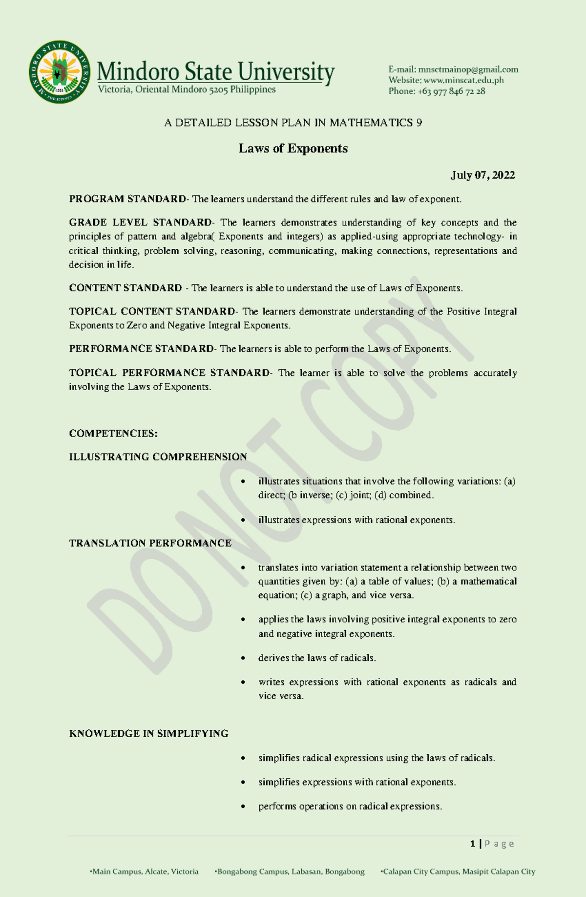 Mathematics 9 – Detailed Lesson Plan on Laws of Exponents - Studocu