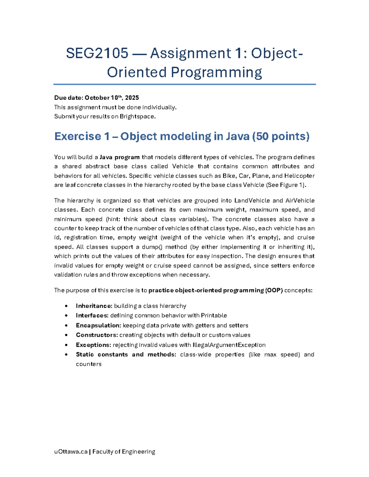 SEG2105 - Assignment 1: Object-Oriented Programming in Java - Studocu