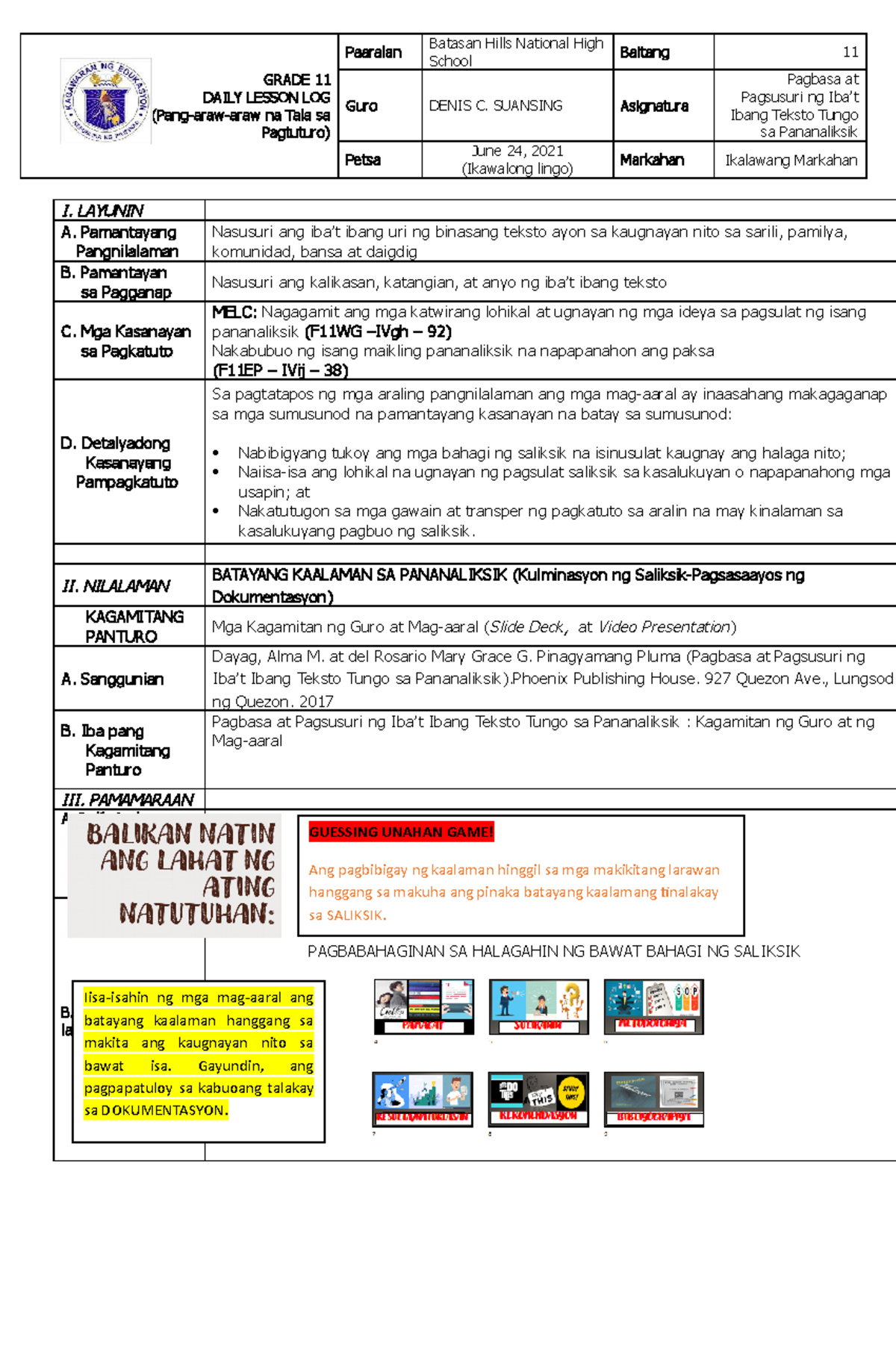 Daliy Lesson Plan COT2 Suansing 2021 - GRADE 11 DAILY LESSON LOG (Pang ...