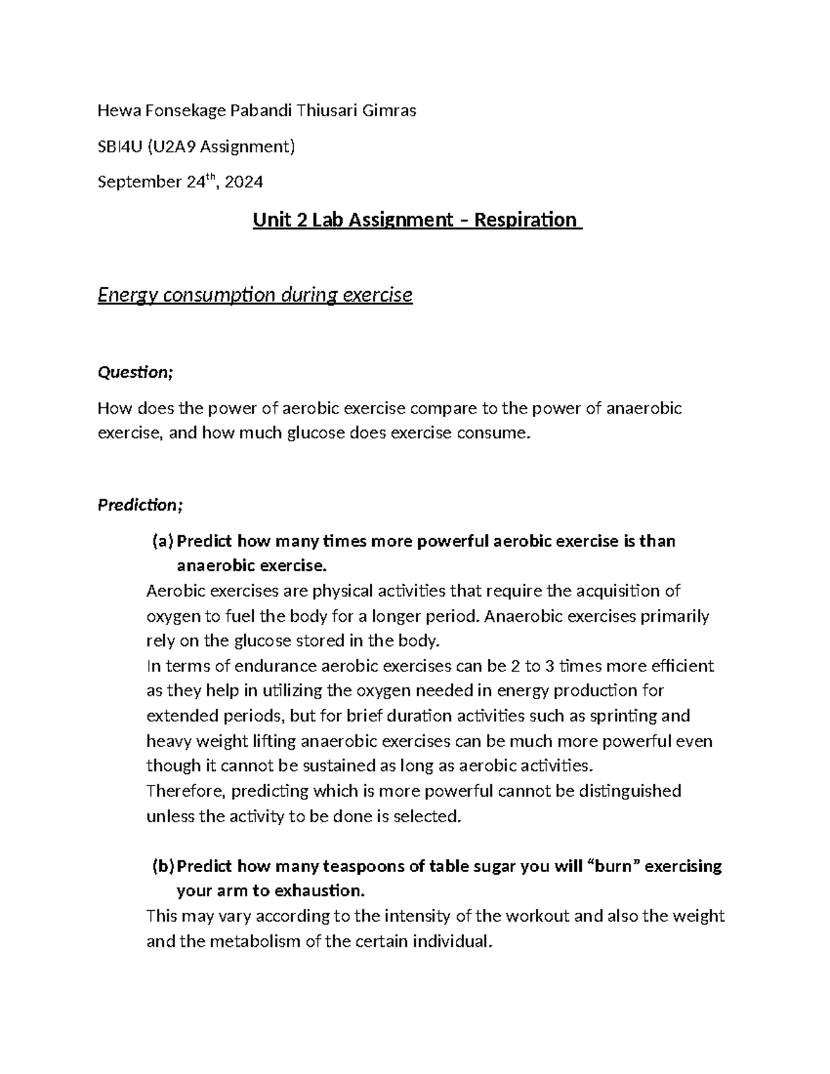 SBI4U Unit 2 Lab Assignment: Aerobic vs. Anaerobic Respiration - Studocu