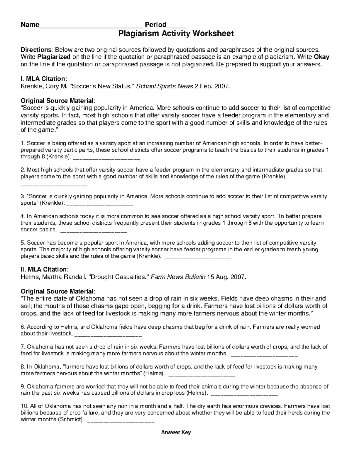 Plagiarism Activity Worksheet (ENG 101) - Directions and Answer Key ...