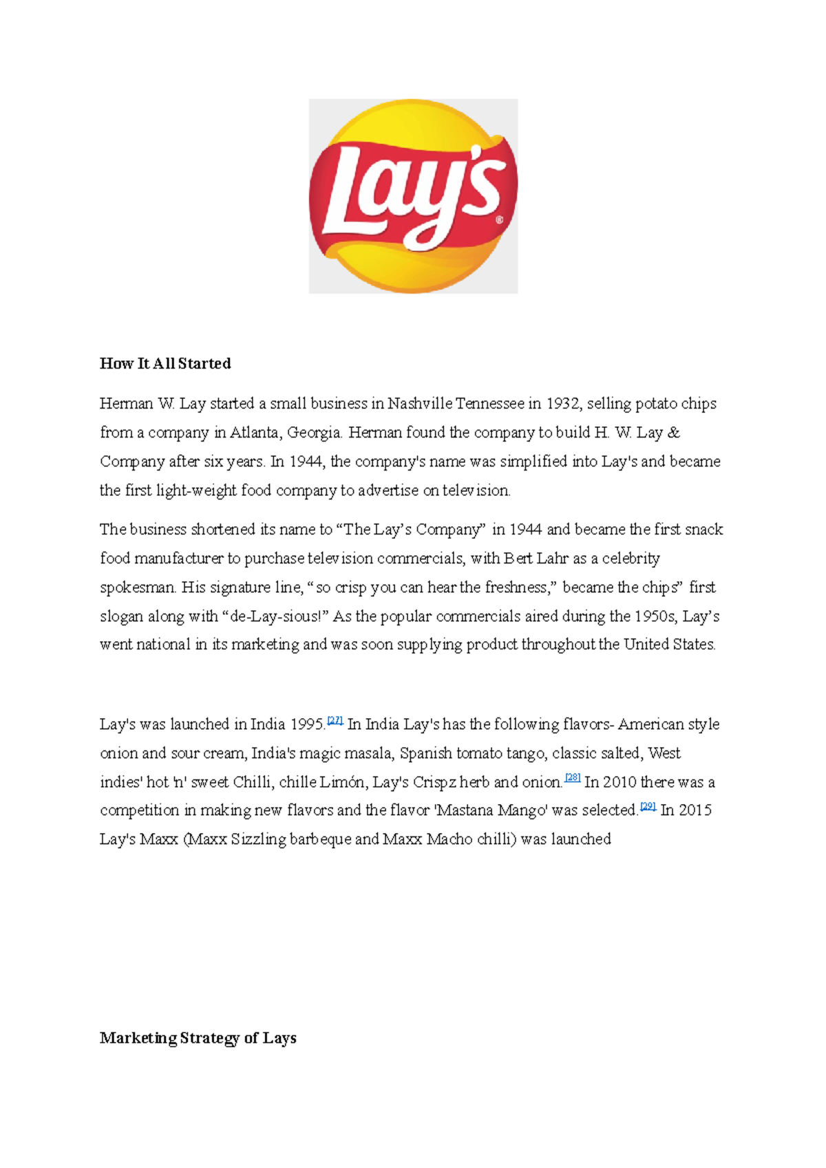 INTRODUCTION OF LAYS AND MARKETING STRATEGIES USED BY THE COMPANY - mba ...