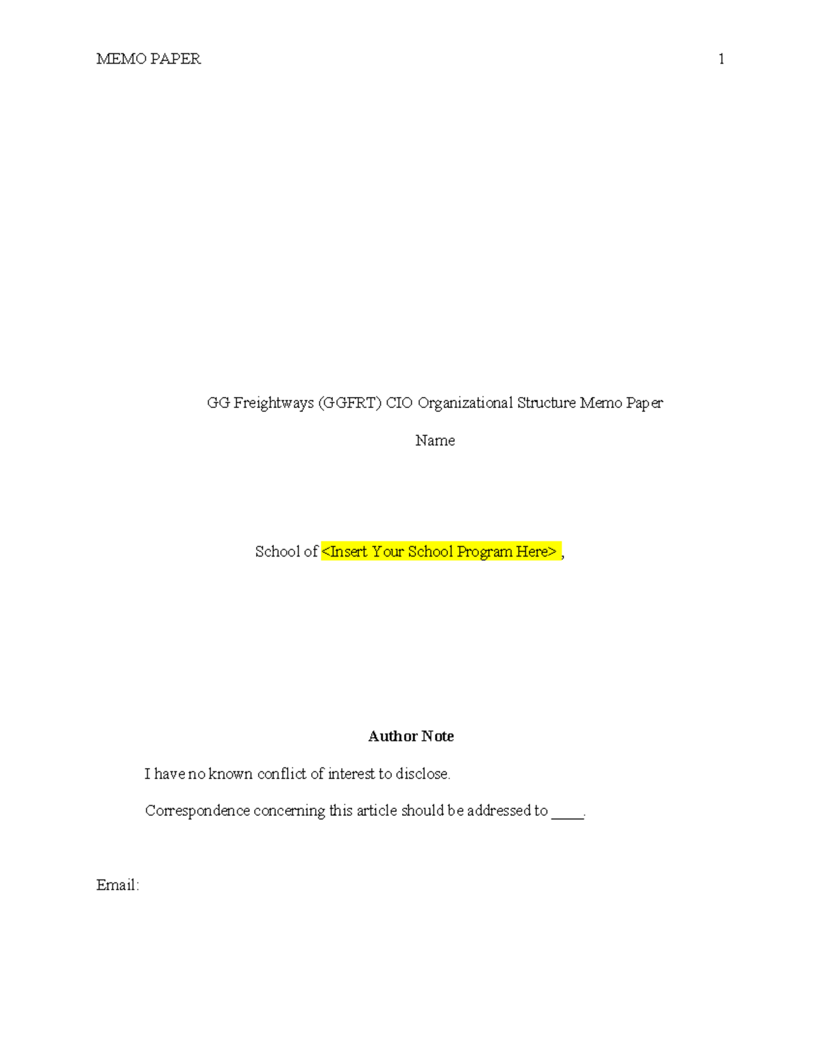 CIO Organizational Structure Memo Paper - GG Freightways (GGFRT) CIO Organizational Structure ...