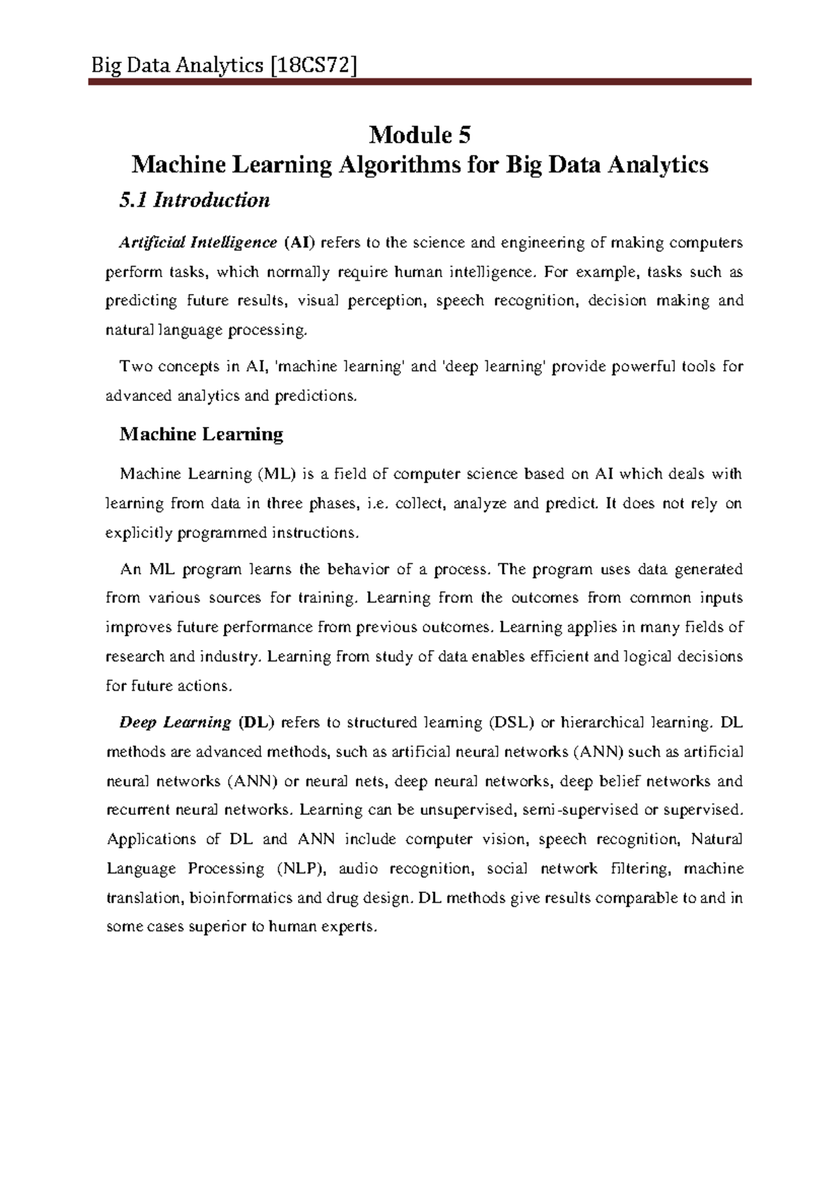 BDA 5: Machine Learning Algorithms in Big Data Analytics Notes - Studocu