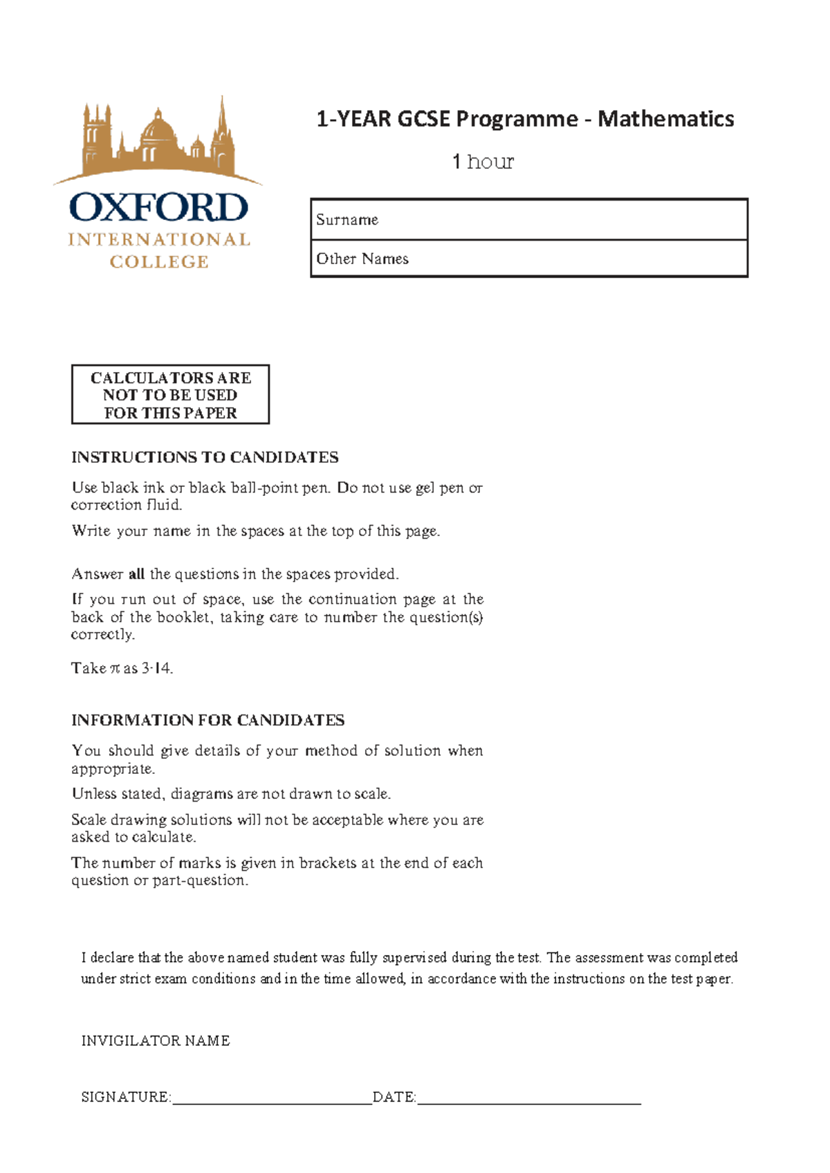OIC - GCSE Maths 2020 Exam Paper (1 Hour, No Calculators) - Studocu