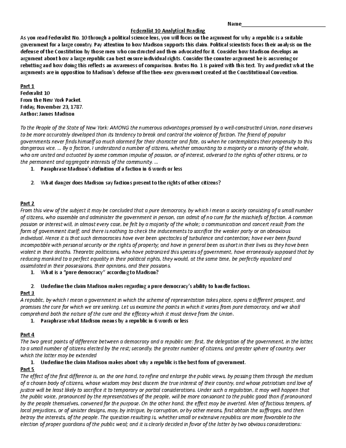Federalist 10 and Brutus 1: Comparative Analysis Notes - Studocu