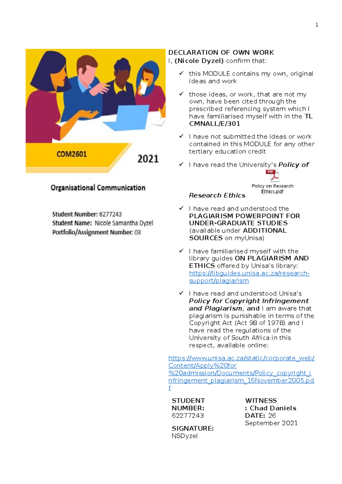 Com2601 ASS03 Final Exam Portfolio on Organisational Communication ...