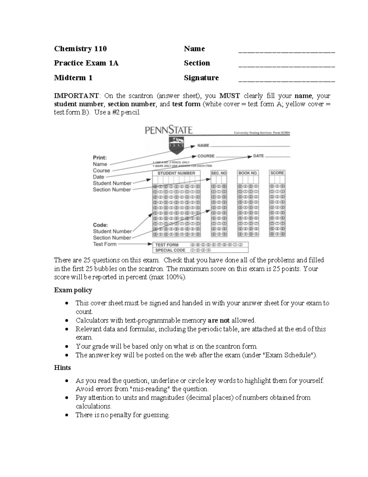 Chemistry 110 Midterm Practice Exam 1A Guide - Studocu
