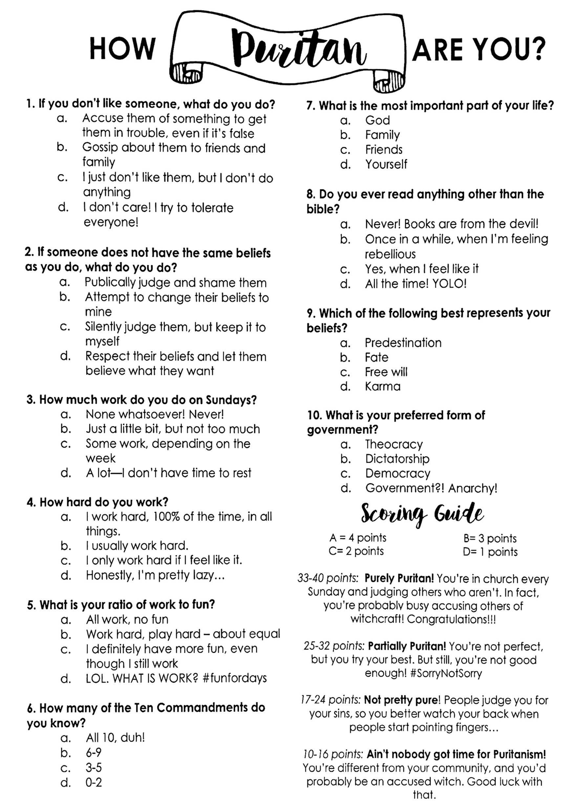 Puritanism Self-Assessment Quiz: How Puritan Are You? - Studocu