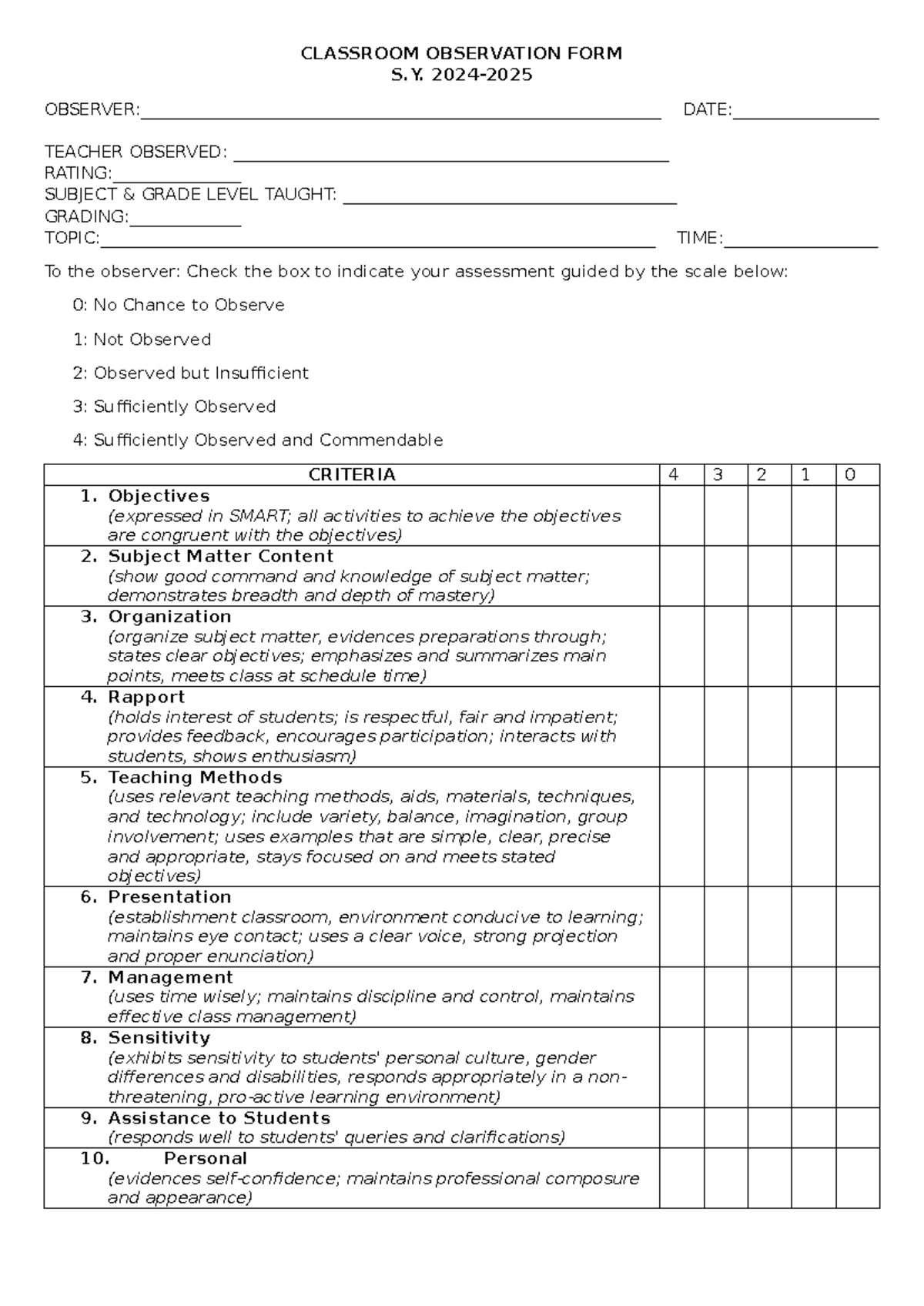 Classroom- Observation-FORM - CLASSROOM OBSERVATION FORM S. 2024- - Studocu