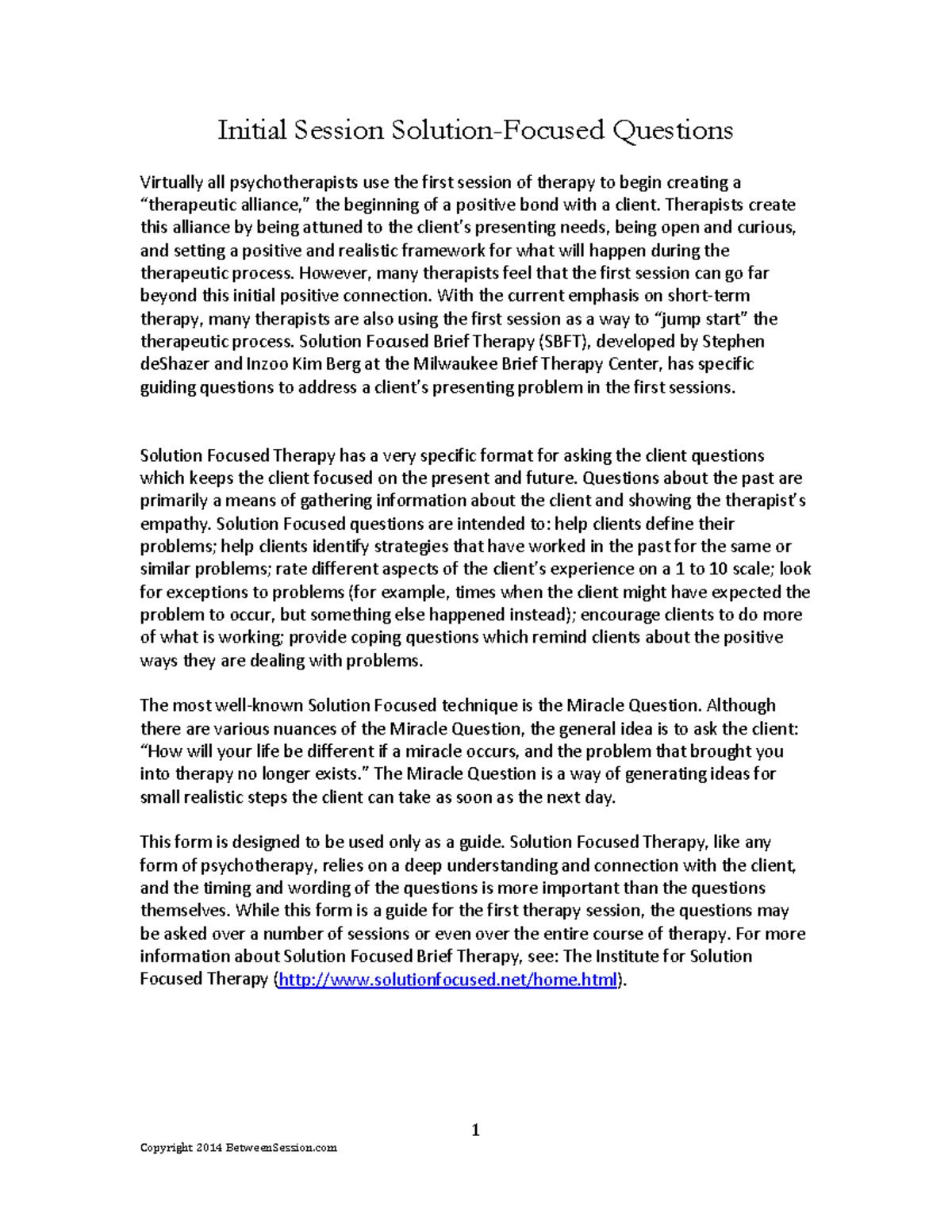 Solution Focused Brief Therapy (SBFT) Initial Session Questions Guide ...