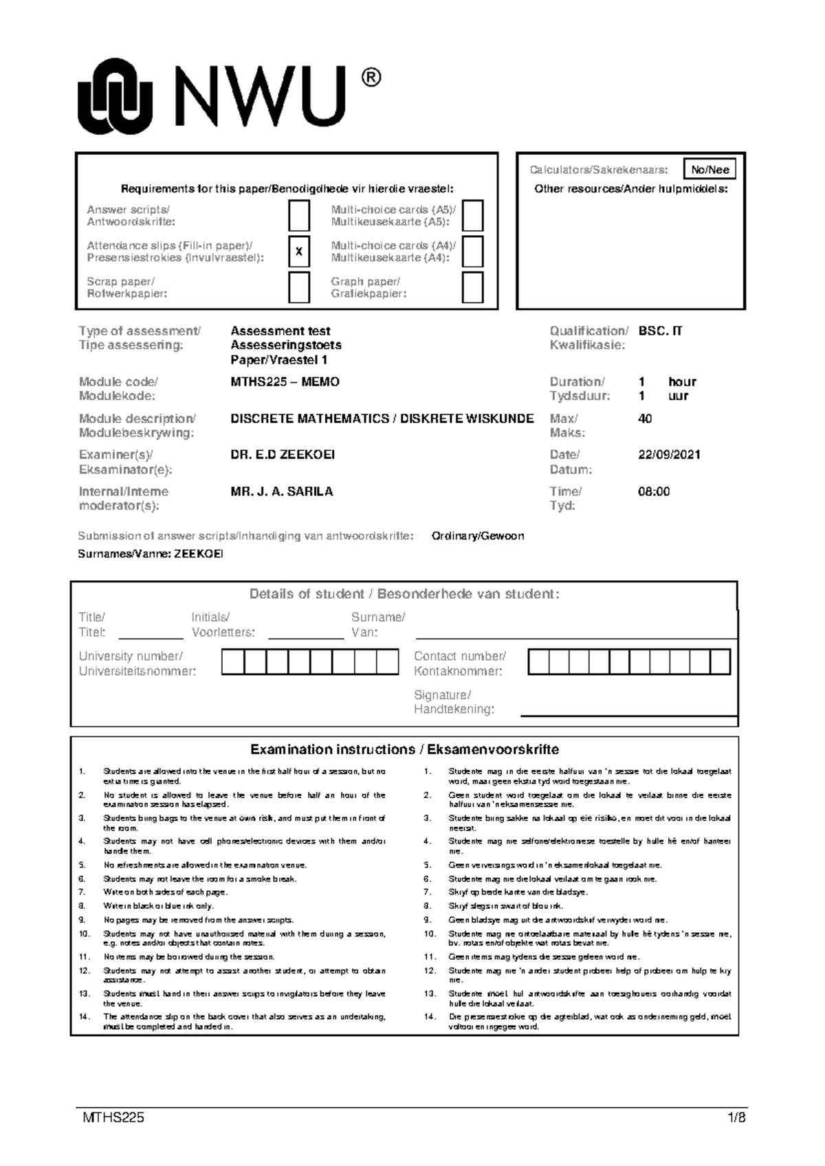 Semester TEST MTHS225 2021 MEMO - Calculators/Sakrekenaars: No/Nee ...
