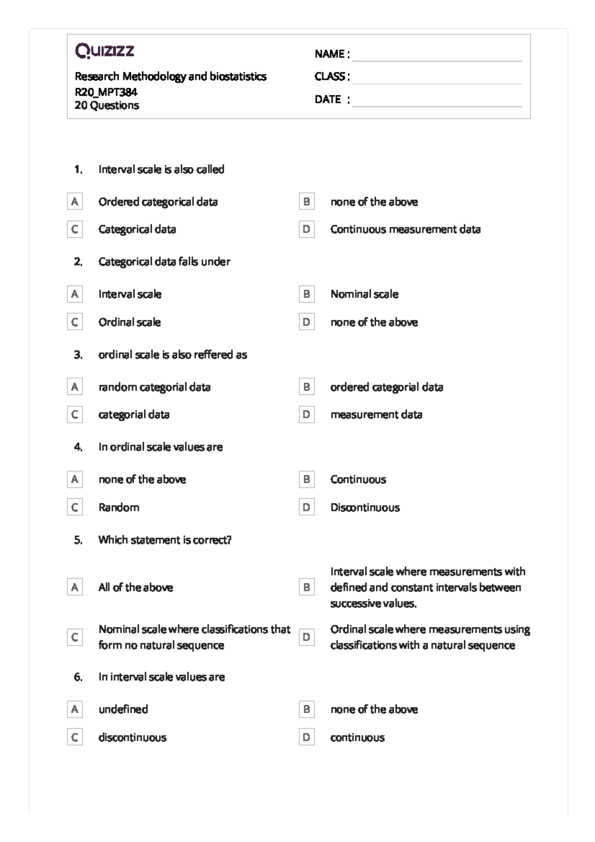 Research Methodology & Biostatistics R20_MPT384: 20 Qs & Answers - Studocu