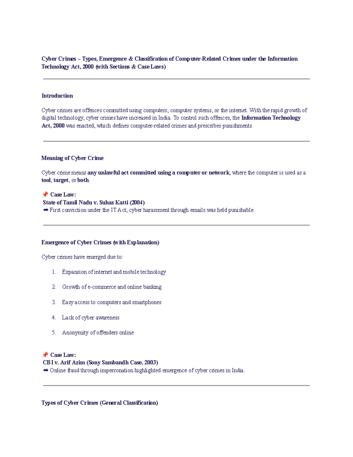 Cyber Crimes and IT Act: Types, Classifications, and Case Laws - Studocu