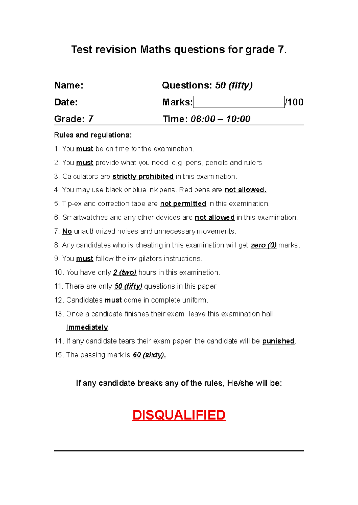 Grade 7 Maths Test Revision Questions (50 Qs) - Studocu