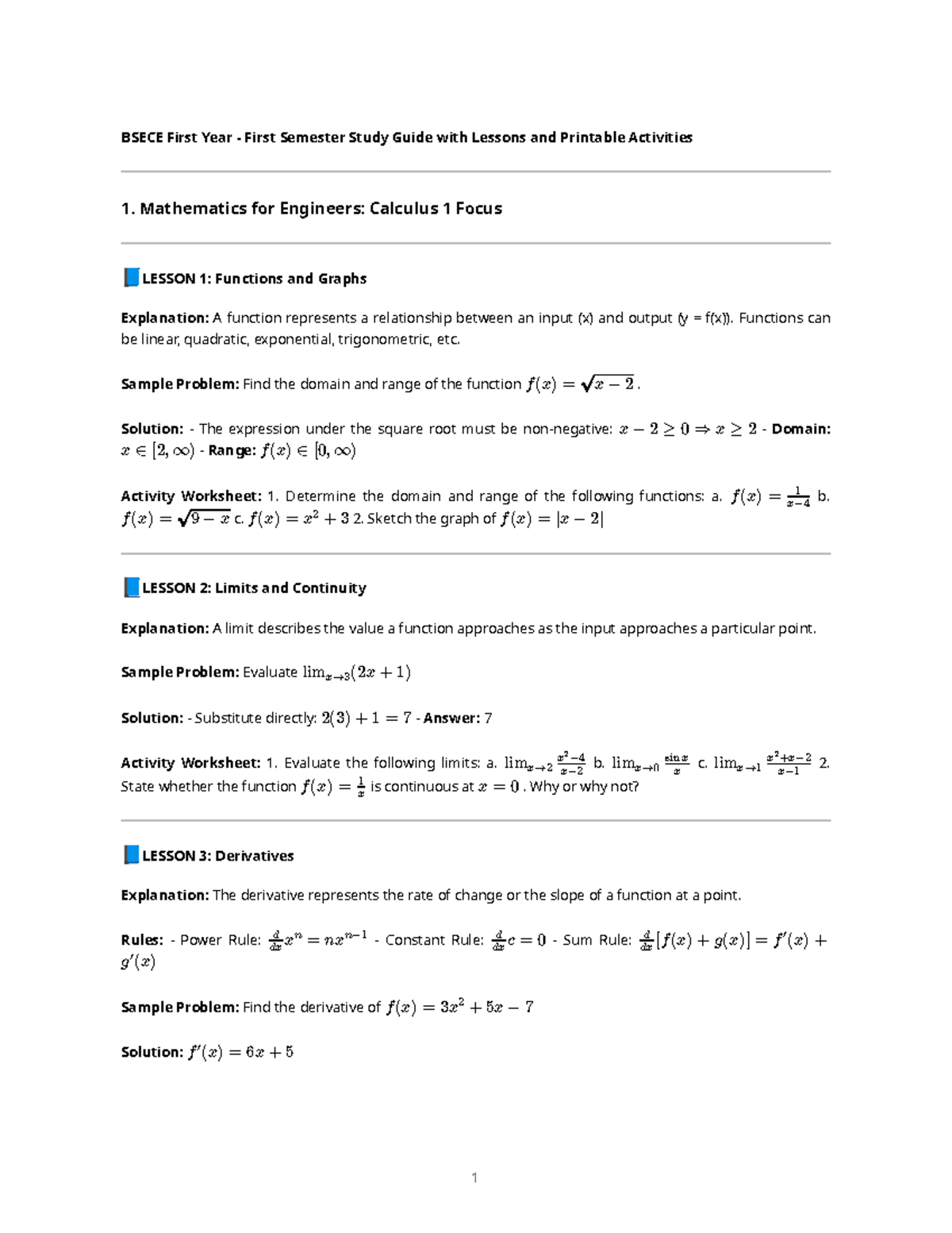BSECE 1st Sem Study Guide: Math for Engineers - Calculus 1 Lessons ...