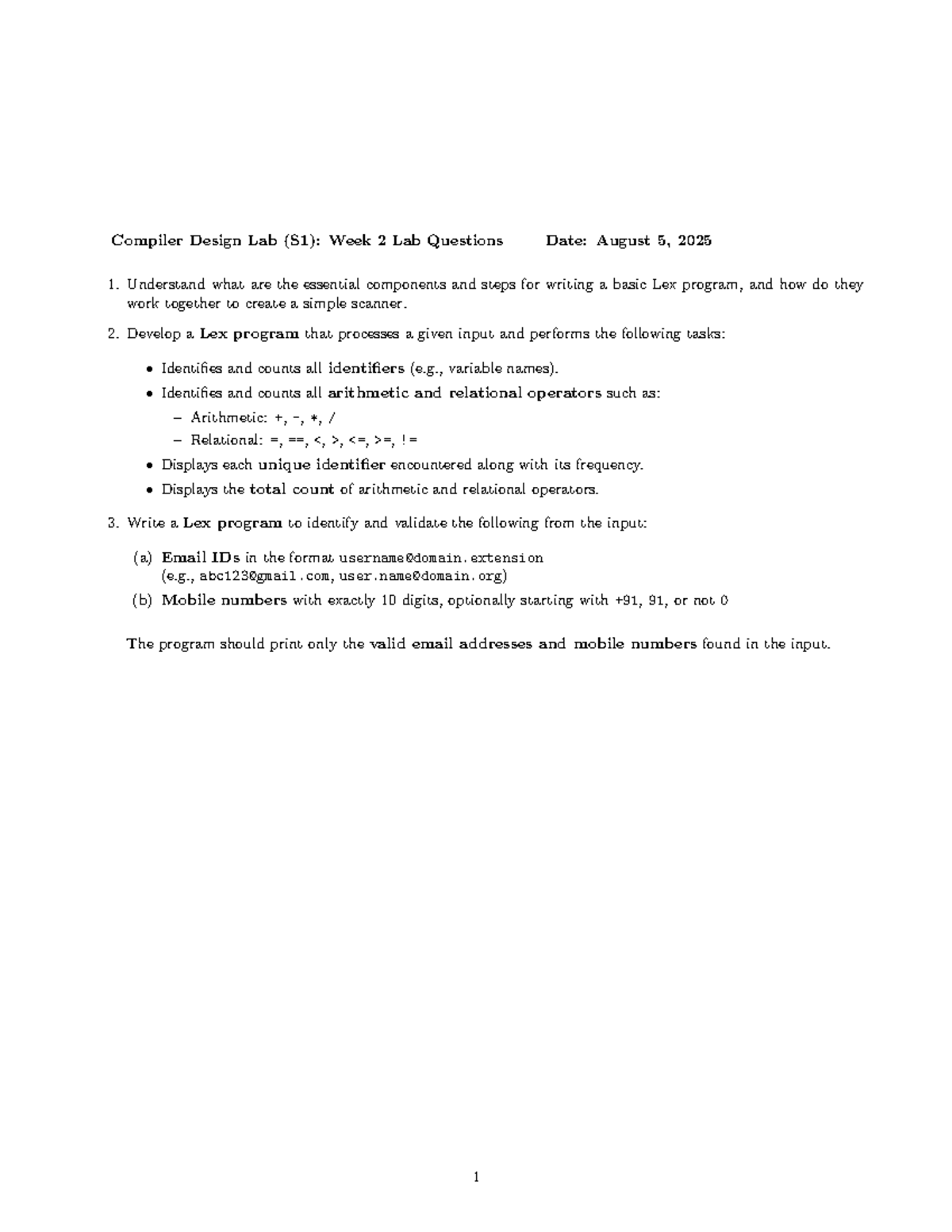 Compiler Design Lab (S1): Week 2 Lab Questions and Tasks - Studocu