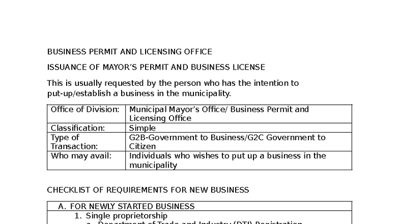 BUSINESS PERMIT AND LICENSING OFFICE: ISSUANCE GUIDELINES - Studocu