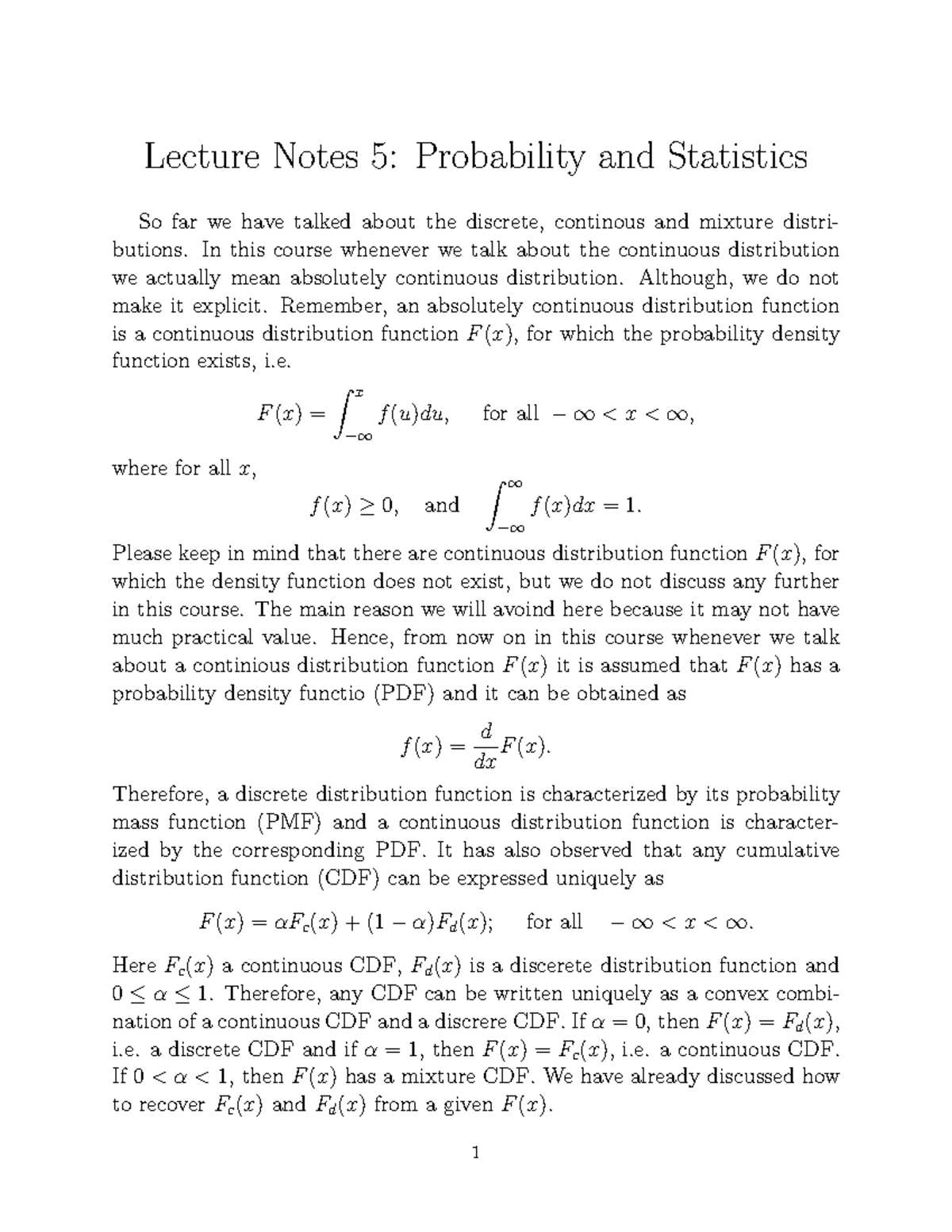 Lecture Notes 5: Continuous and Discrete Distributions in Probability ...