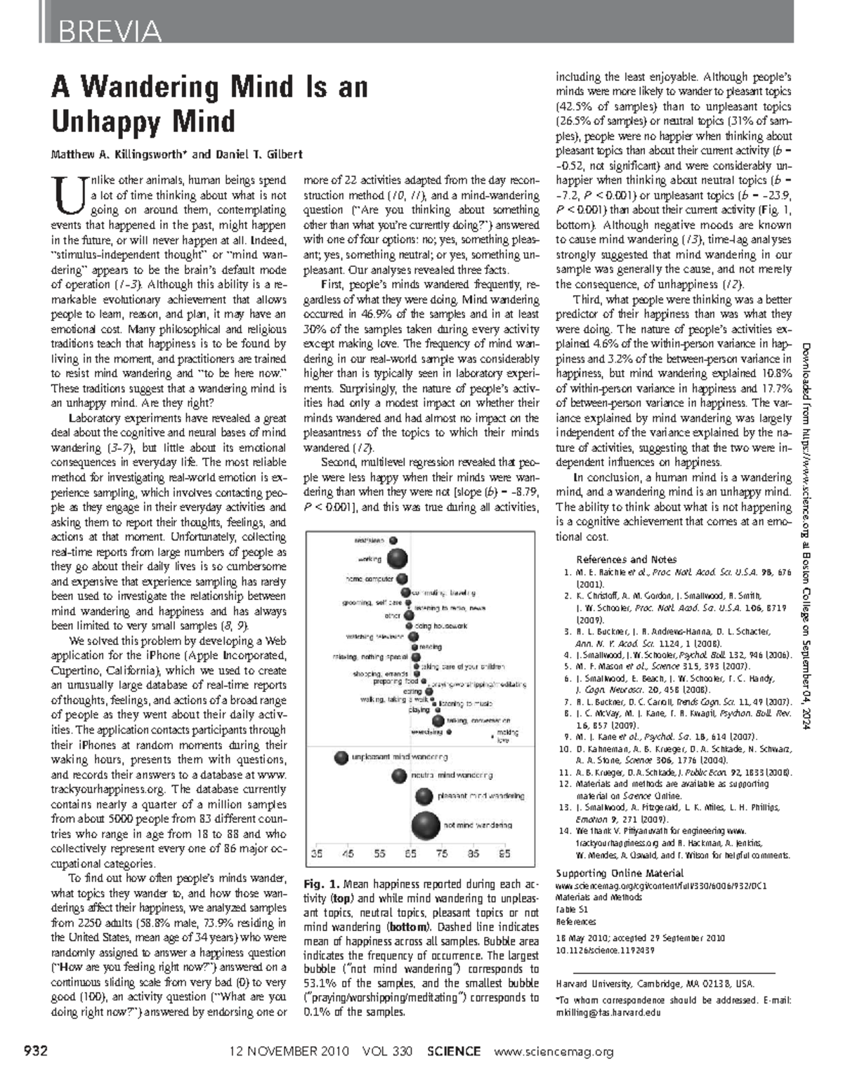 U 932 Final Exam: A Wandering Mind is an Unhappy Mind Analysis - Studocu