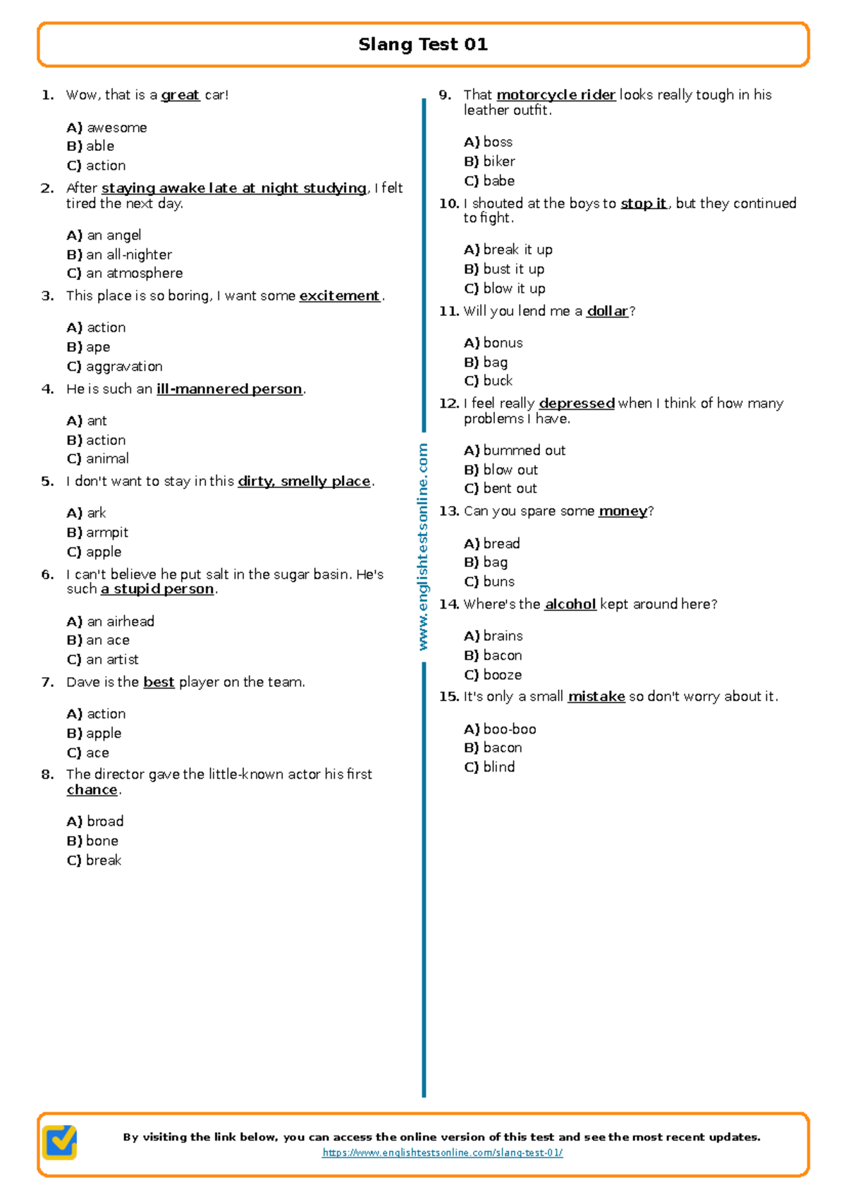 1793 Slang Test 01: Vocabulary Quiz with Answers and Analysis - Studocu