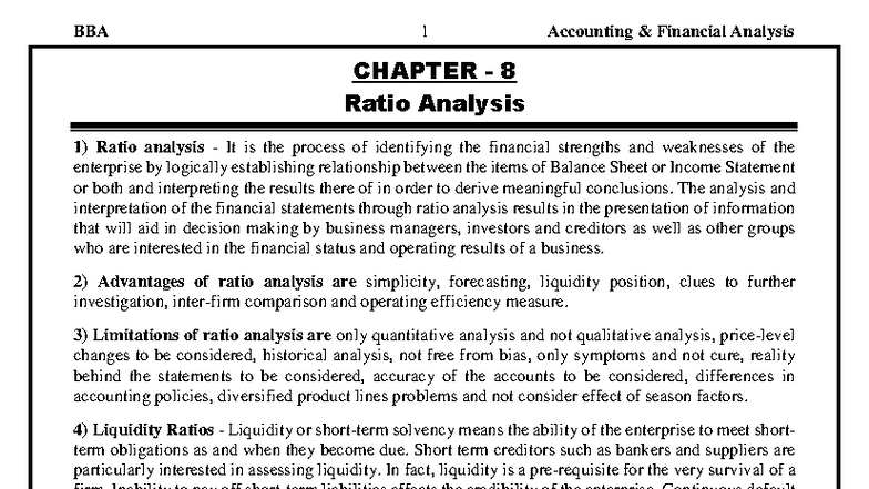 BBA 1 Accounting Financial Analysis: Chapter 8 - Ratio Analysis - Studocu