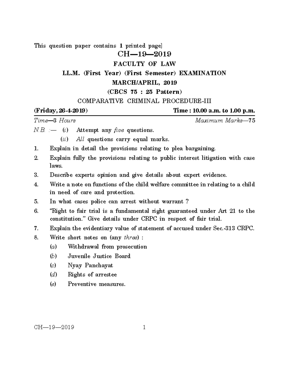 Comparative Criminal Procedure III LL.M. Exam Papers 2019 (CBCS) - Studocu